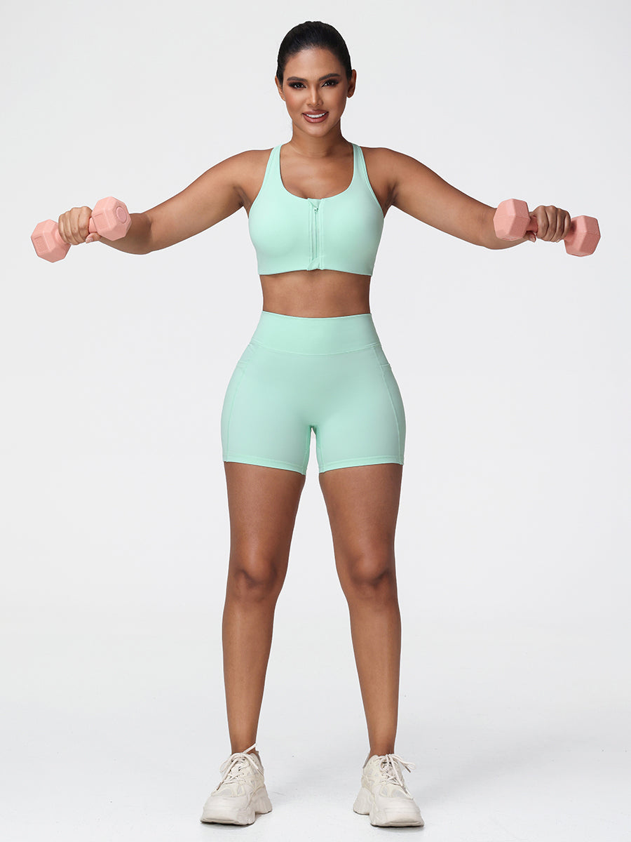 Zip Front Sports Bra & High-Waist Pocket Shorts Set – Zuluzenith